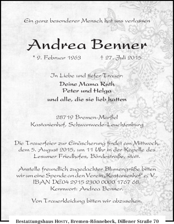 Traueranzeigen von Andrea Benner | Trauer & Gedenken