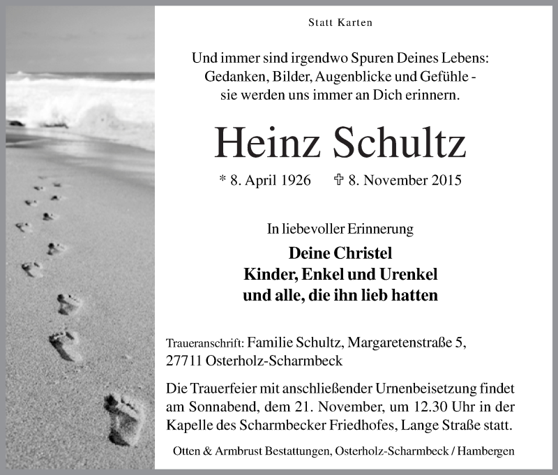 Traueranzeigen von Heinz Schultz | Trauer & Gedenken
