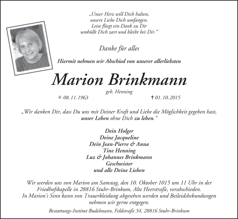 Traueranzeigen von Marion Brinkmann | Trauer & Gedenken