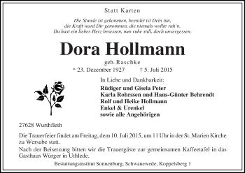 Traueranzeigen von Dora Hollmann | Trauer & Gedenken