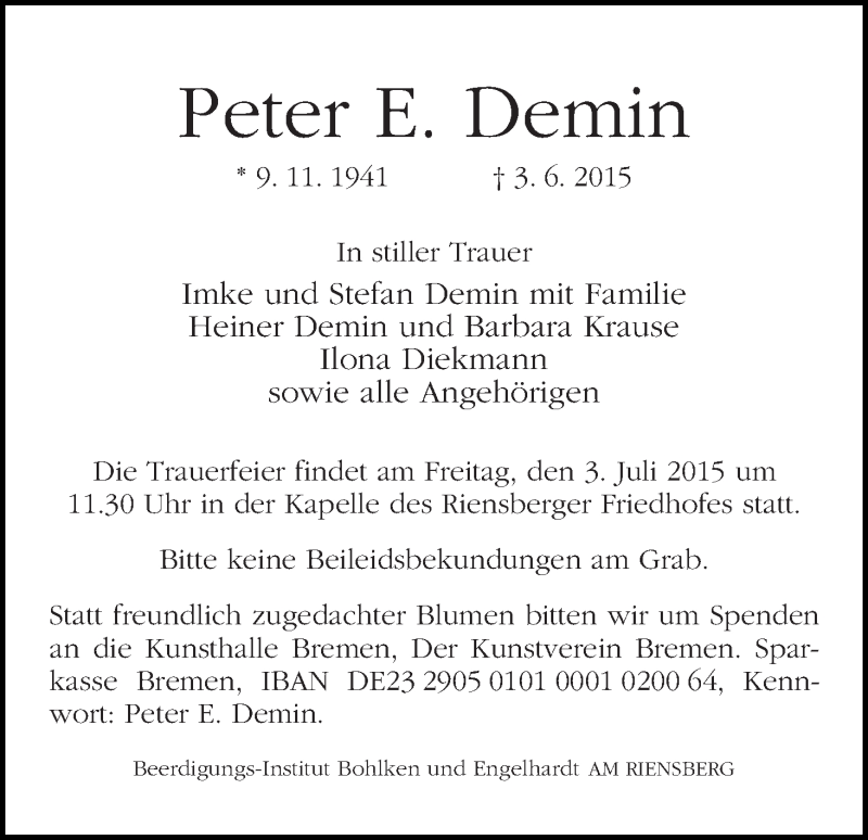 Traueranzeigen von Peter E Demin | Trauer & Gedenken
