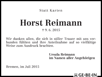 Traueranzeigen von Horst Reimann | Trauer & Gedenken