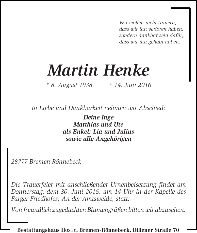 Traueranzeigen von Martin Henke | Trauer & Gedenken