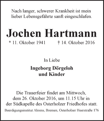Traueranzeigen von Jochen Hartmann | Trauer & Gedenken
