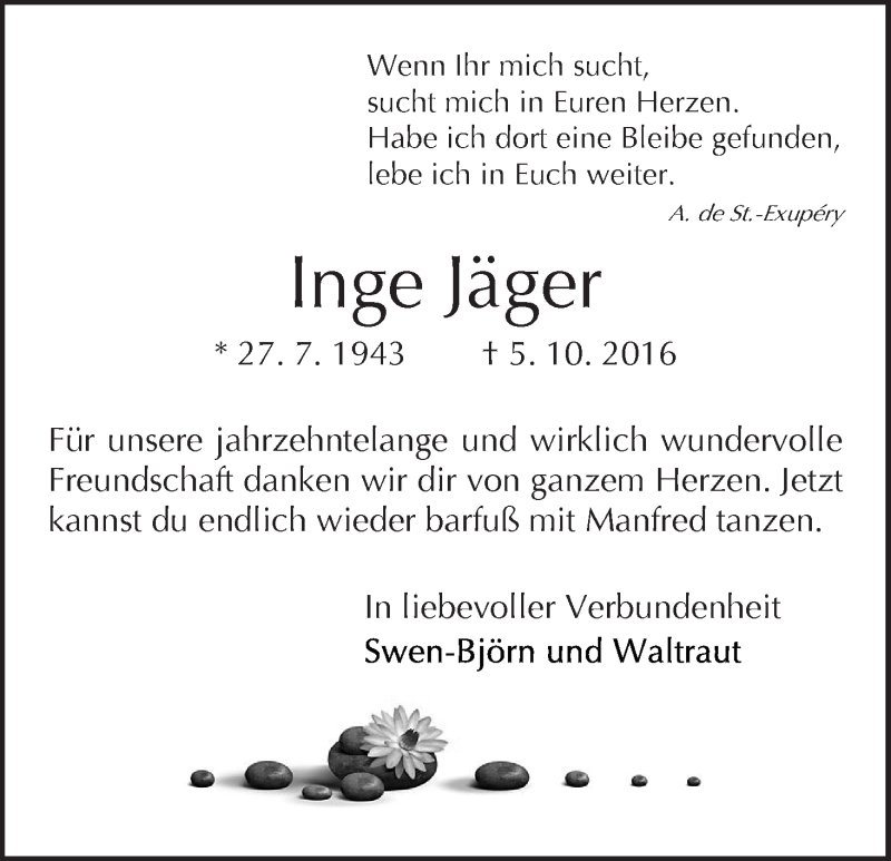 Traueranzeigen von Inge Jäger | Trauer & Gedenken