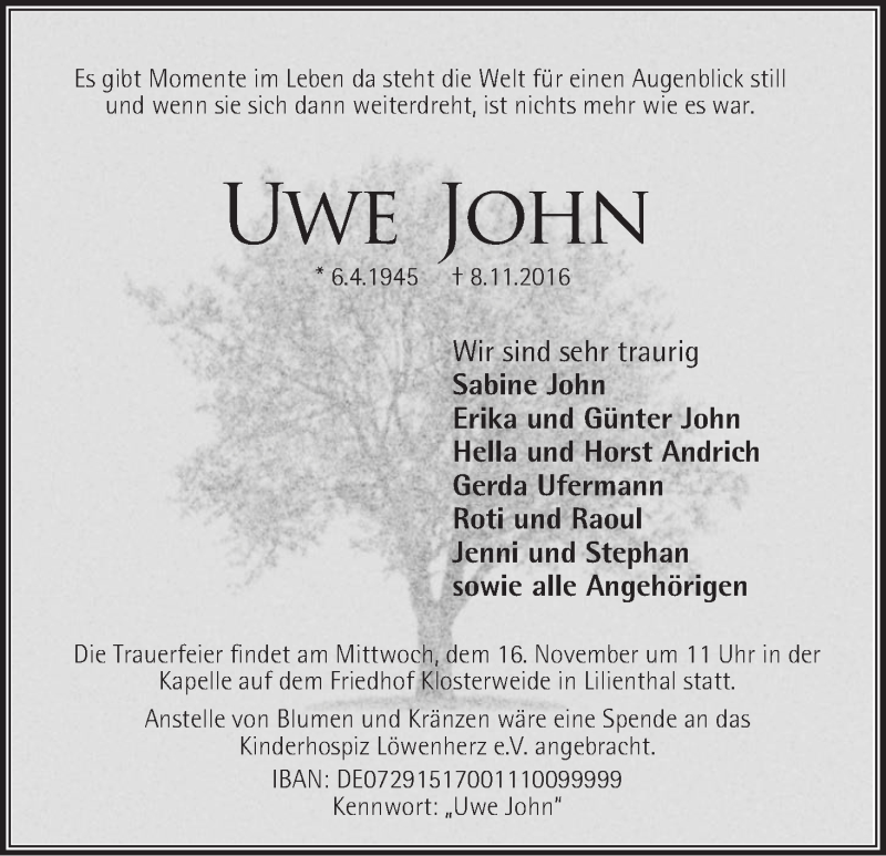 Traueranzeigen von Uwe John | Trauer & Gedenken
