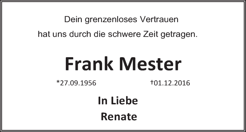 Traueranzeigen von Frank Mester | Trauer & Gedenken