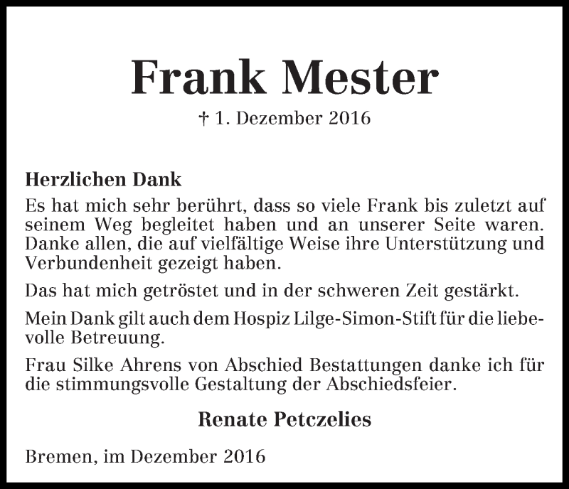 Traueranzeigen von Frank Mester | Trauer & Gedenken