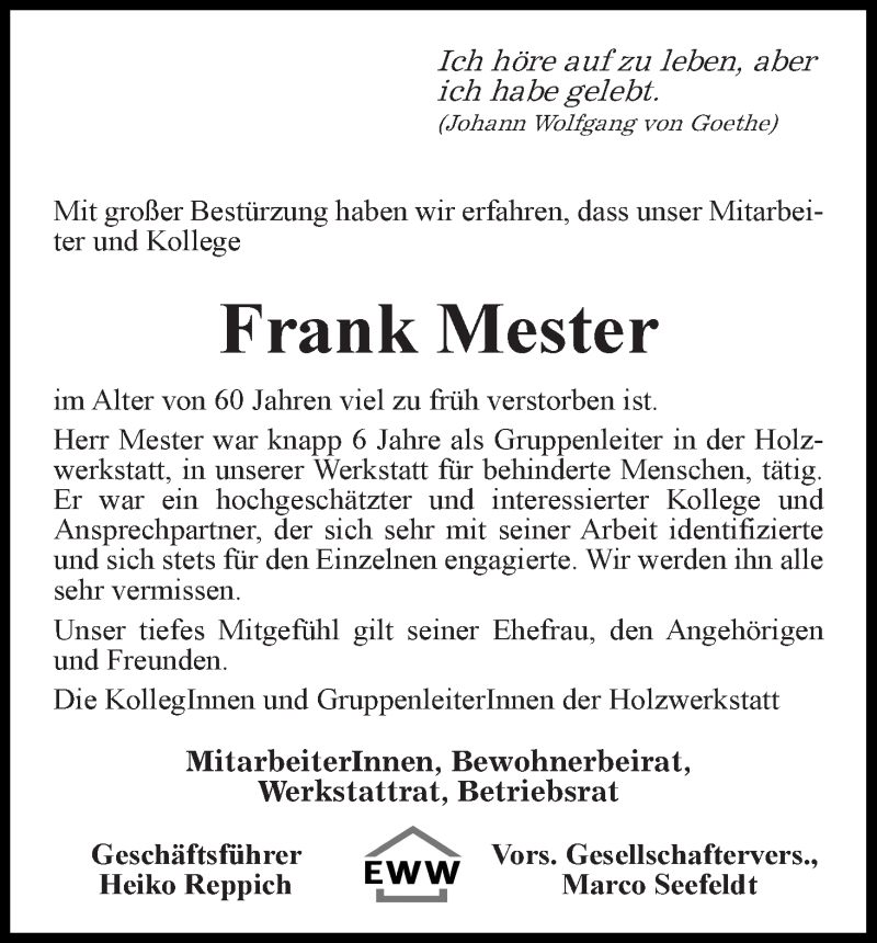 Traueranzeigen von Frank Mester | Trauer & Gedenken