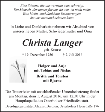 Traueranzeigen von Christa Langer | Trauer & Gedenken
