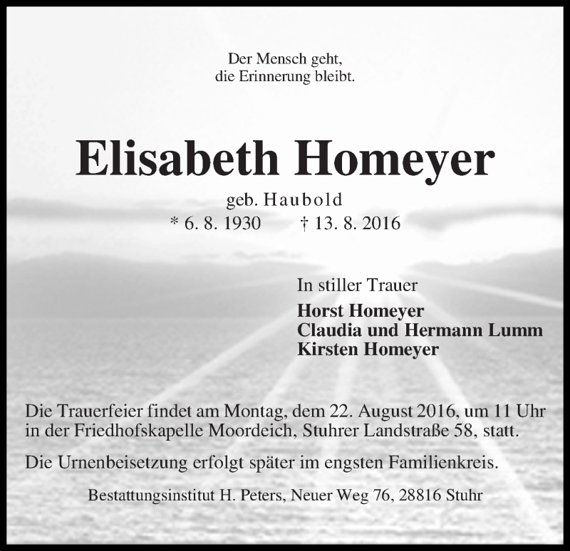 Traueranzeigen von Elisabeth Homeyer | Trauer & Gedenken