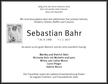 Traueranzeigen von Sebastian Bahr | Trauer & Gedenken