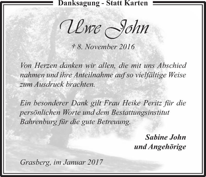 Traueranzeigen von Uwe John | Trauer & Gedenken