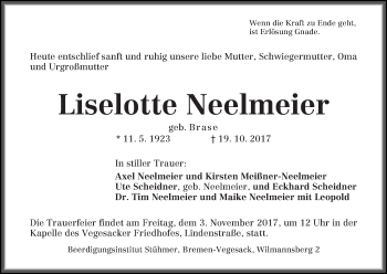 Traueranzeigen von Liselotte Neelmeier | Trauer & Gedenken