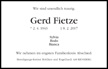 Traueranzeigen von Gerd Fietze | Trauer & Gedenken