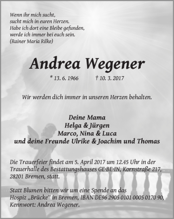Traueranzeigen von Andrea Wegener | Trauer & Gedenken