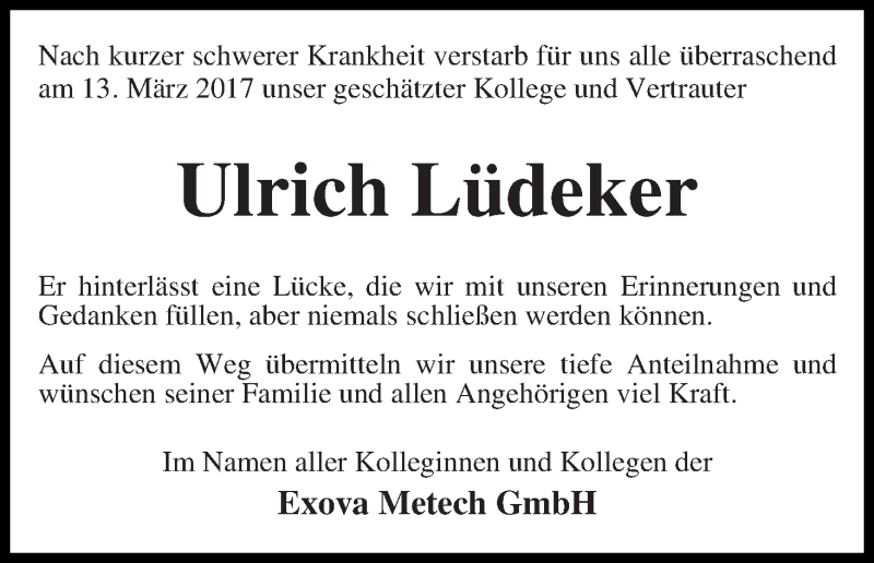 Traueranzeigen von Ulrich Lüdeker | Trauer & Gedenken