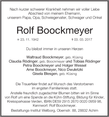 Traueranzeigen von Rolf Boockmeyer | Trauer & Gedenken