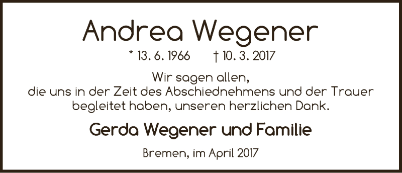 Traueranzeigen von Andrea Wegener | Trauer & Gedenken