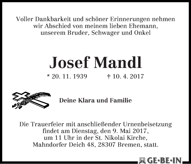 Traueranzeigen von Josef Mandl | Trauer & Gedenken