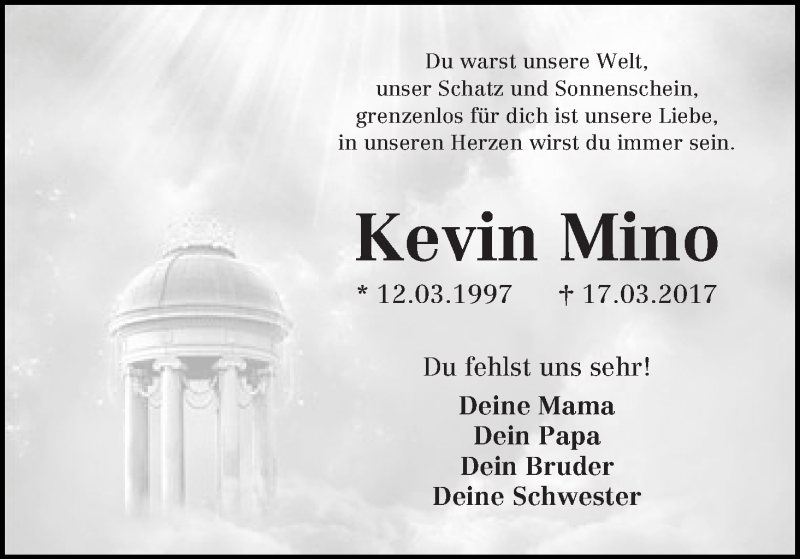 Traueranzeigen von Kevin Mino | Trauer & Gedenken