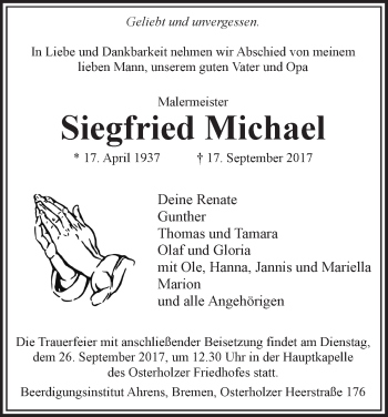 Traueranzeigen von Siegfried Michael | Trauer & Gedenken