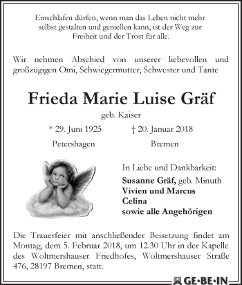 Traueranzeigen von Frieda Marie Luise Gräf | Trauer & Gedenken
