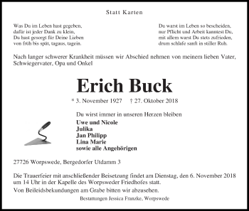 Traueranzeigen von Erich Buck | Trauer & Gedenken