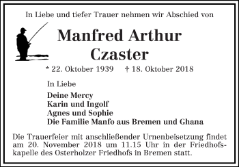 Traueranzeigen von Manfred Arthur Czaster | Trauer & Gedenken