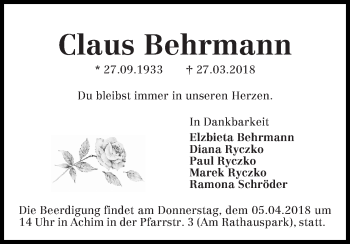 Traueranzeigen von Claus Behrmann | Trauer & Gedenken