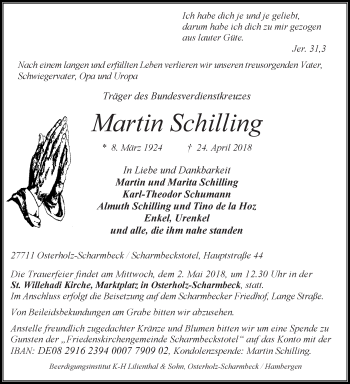 Traueranzeigen von Martin Schilling | Trauer & Gedenken