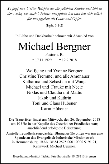 Traueranzeigen von Michael Bergner | Trauer & Gedenken