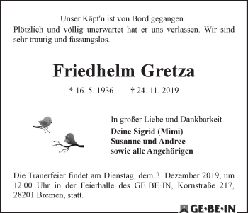 Traueranzeigen von Friedhelm Gretza | Trauer & Gedenken