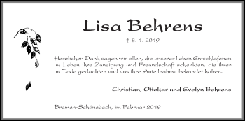 Traueranzeigen von Lisa Behrens | Trauer & Gedenken