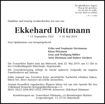 Traueranzeigen von Ekkehard Dittmann | Trauer & Gedenken