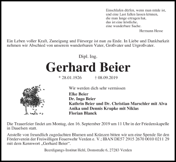 Traueranzeigen von Gerhard Beier | Trauer & Gedenken