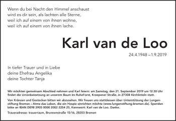 Traueranzeigen von Karl van de Loo | Trauer & Gedenken