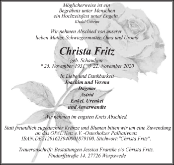 Traueranzeigen von Christa Fritz | Trauer & Gedenken