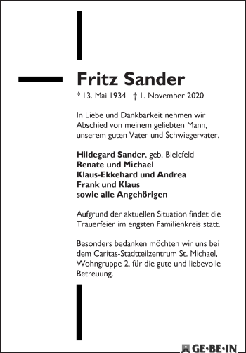 Traueranzeigen von Fritz Sander | Trauer & Gedenken
