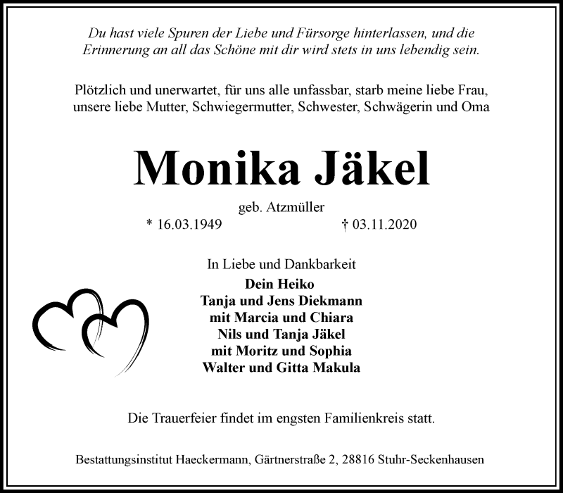 Traueranzeigen von Monika Jäkel | Trauer & Gedenken