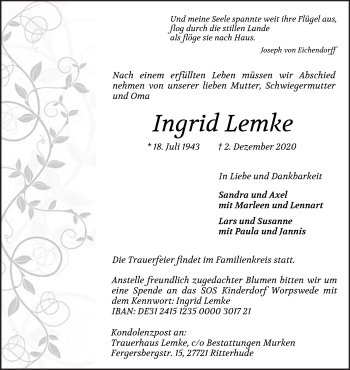 Traueranzeigen von Ingrid Lemke | Trauer & Gedenken