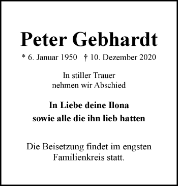 Traueranzeigen von Peter Gebhardt | Trauer & Gedenken