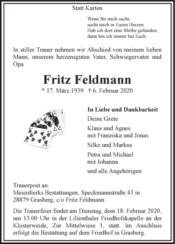 Traueranzeigen von Fritz Feldmann | Trauer & Gedenken
