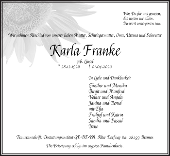 Traueranzeigen von Karla Franke | Trauer & Gedenken
