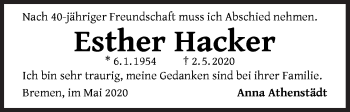 Traueranzeigen von Esther Hacker | Trauer & Gedenken