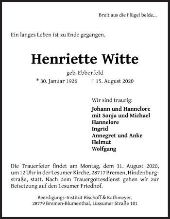 Traueranzeigen von Henriette Witte | Trauer & Gedenken