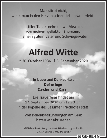 Traueranzeigen von Alfred Witte | Trauer & Gedenken