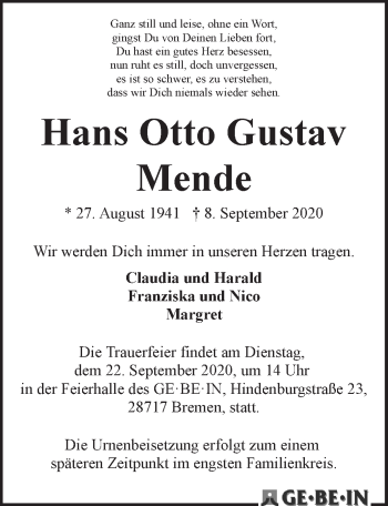 Traueranzeigen von Hans Otto Gustav Mende | Trauer & Gedenken