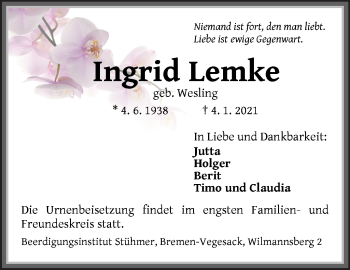 Traueranzeigen von Ingrid Lemke | Trauer & Gedenken
