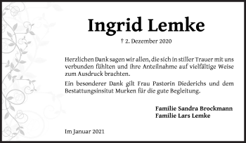Traueranzeigen von Ingrid Lemke | Trauer & Gedenken